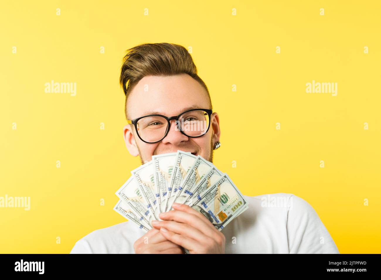 happy man dollar cash money sum salary Stock Photo - Alamy