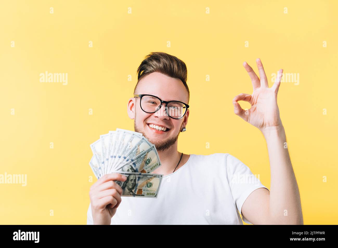 happy man cash bunch ok sign payment Stock Photo - Alamy