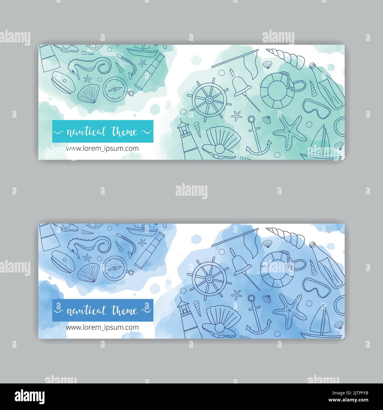 Vector banner templates with hand drawn marine items on grey background ...