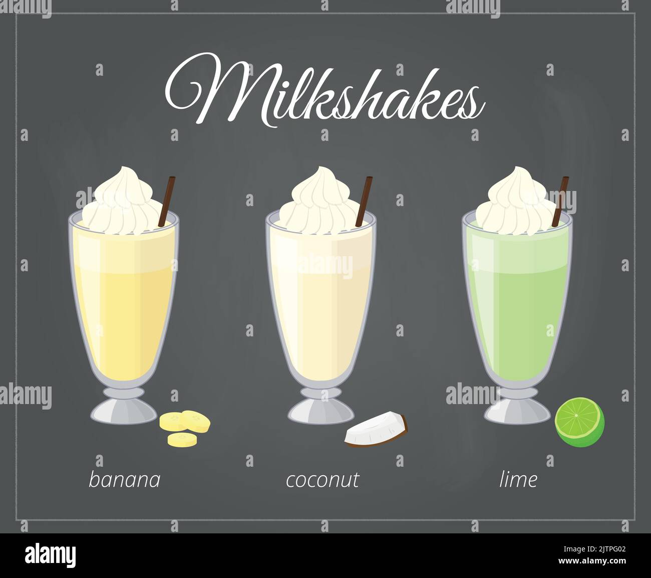 Cartoon milkshakes in glass on chalkboard background. Banana, coconut ...