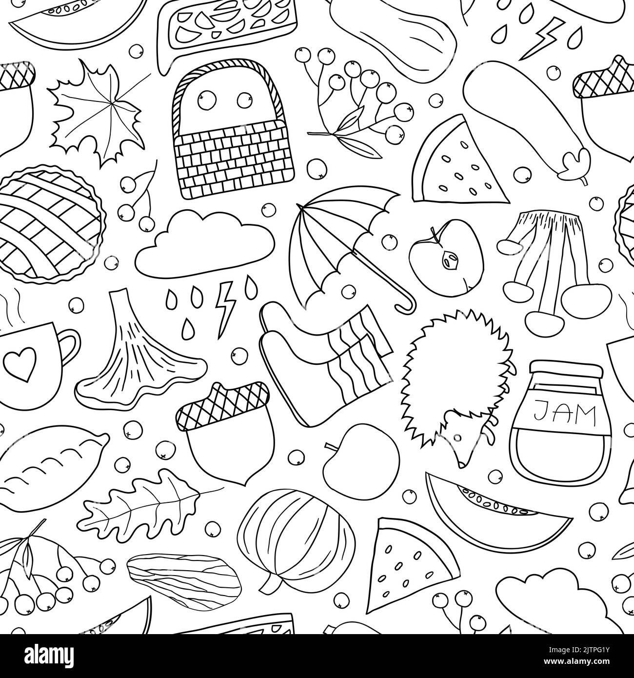 Black and white seamless pattern with outline autumn items Stock Vector ...