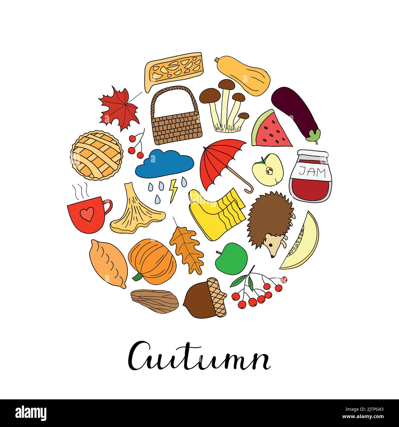 Hand drawn autumn items in circle shape with lettering Stock Vector ...