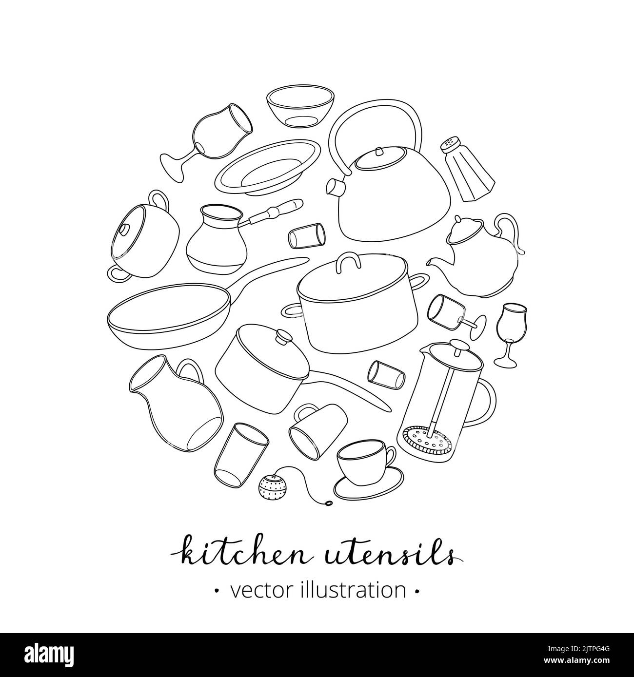 Hand drawn outline kitchen utensils and dishes composed in circle shape ...