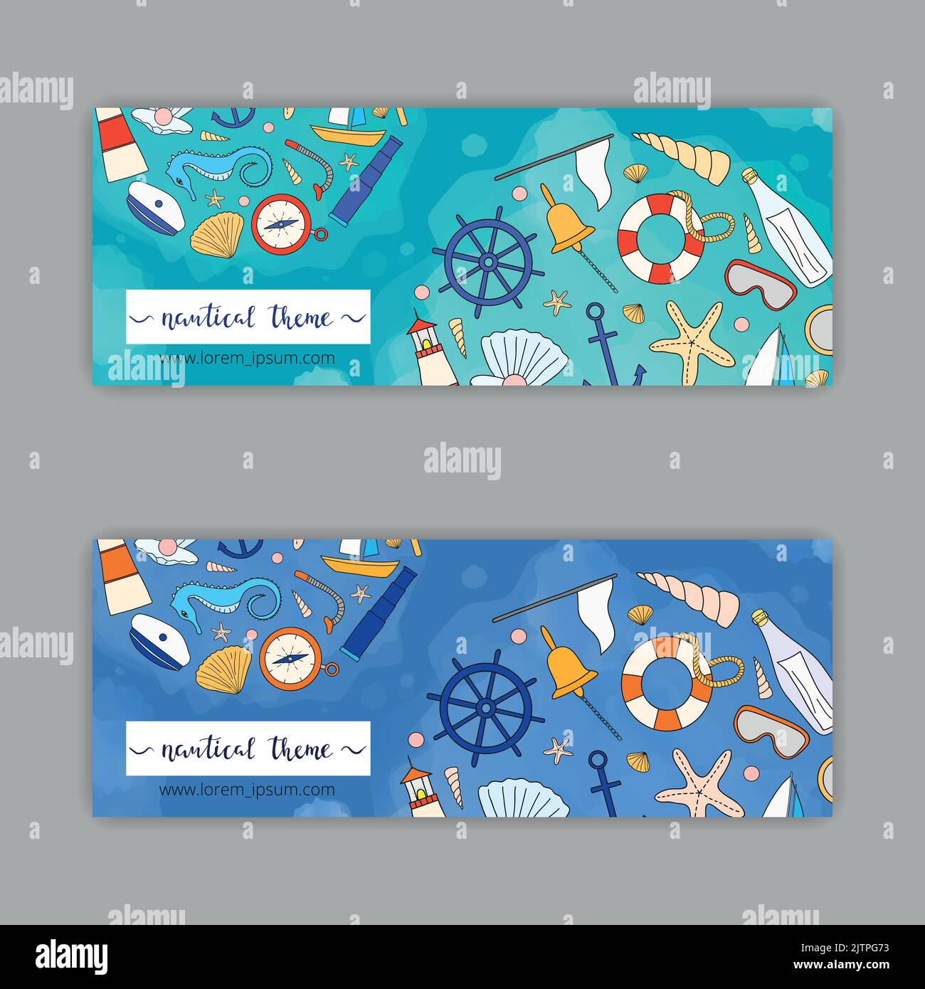 Vector banner templates with hand drawn marine items on grey background ...