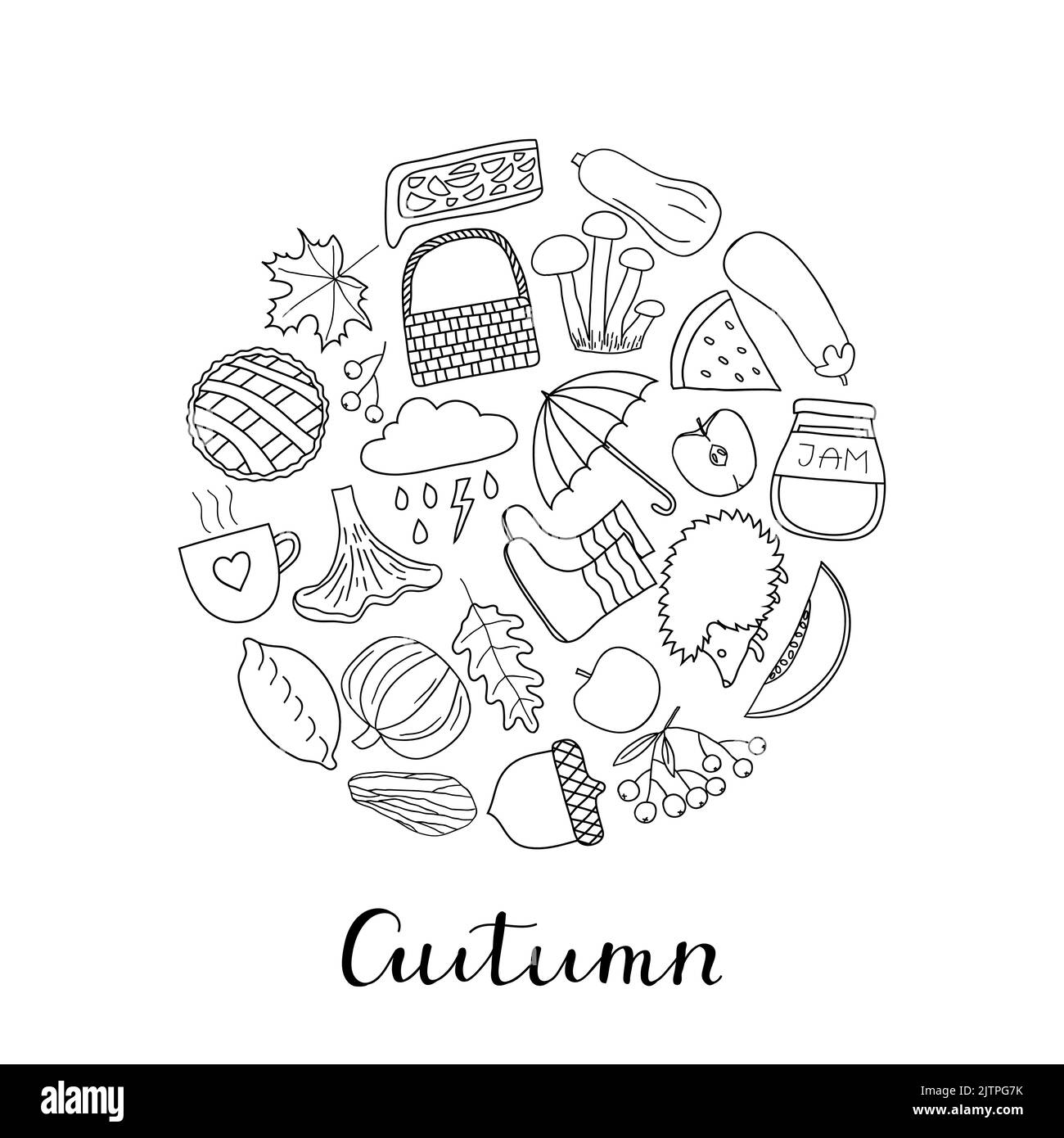 Hand drawn outline autumn items in circle shape with lettering Stock ...