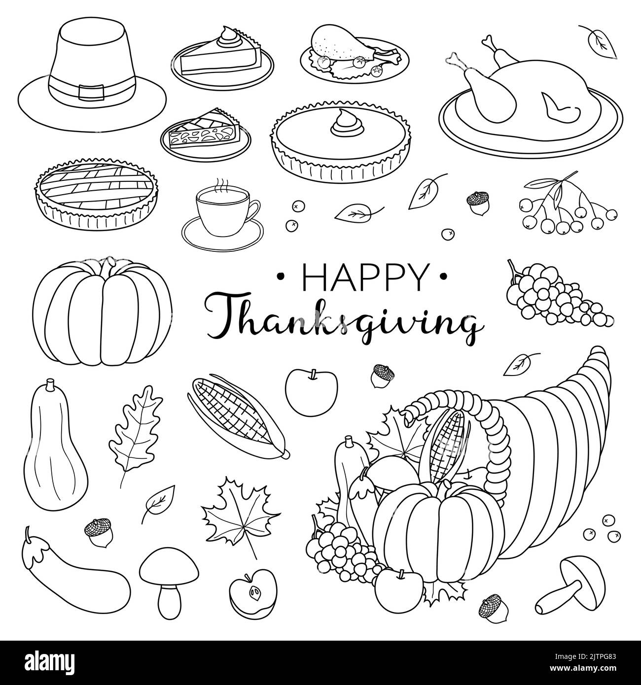 Hand drawn outline items for thanksgiving day celebration isolated on ...
