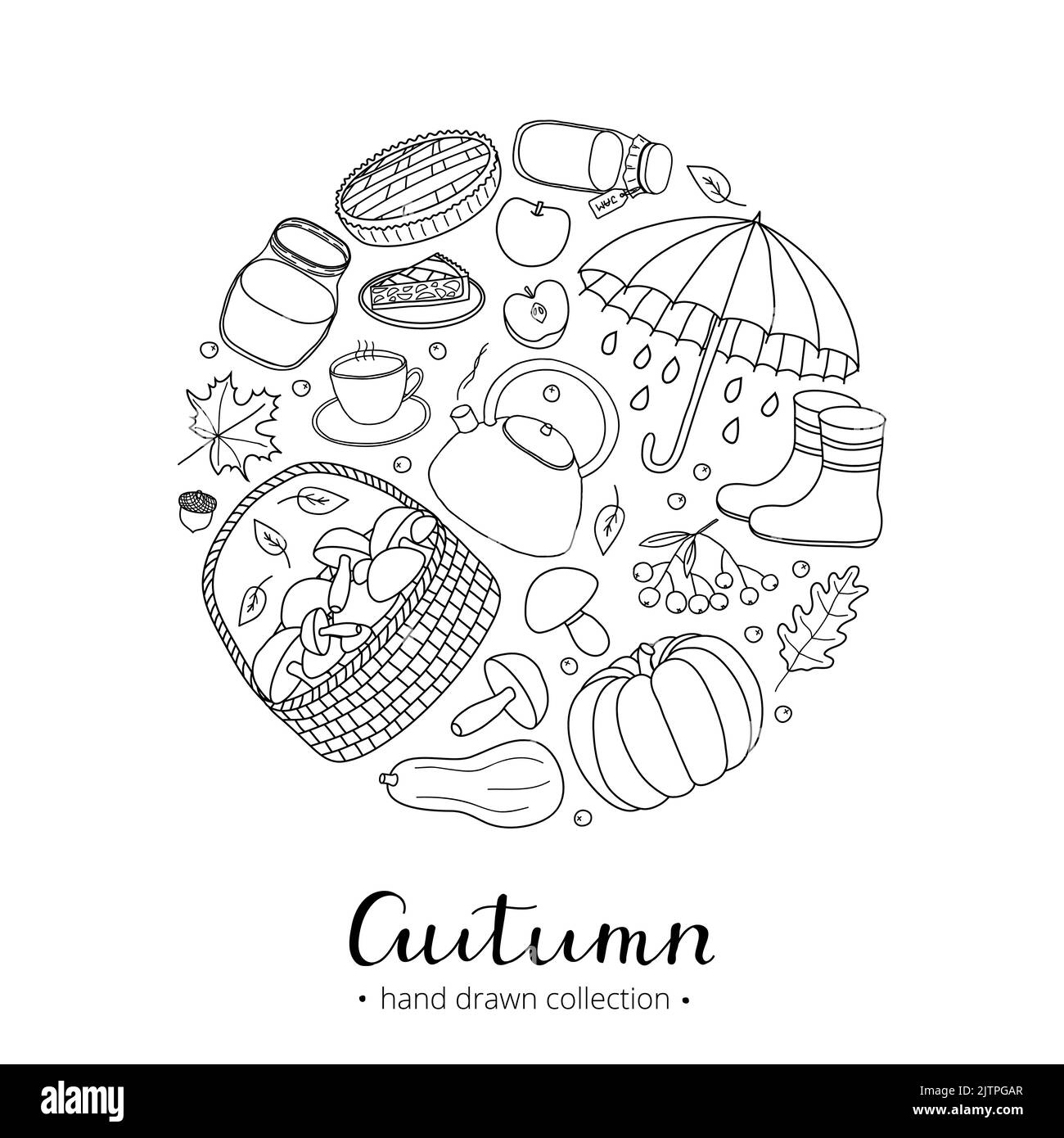 Hand drawn outline autumn items composed in circle shape with lettering ...