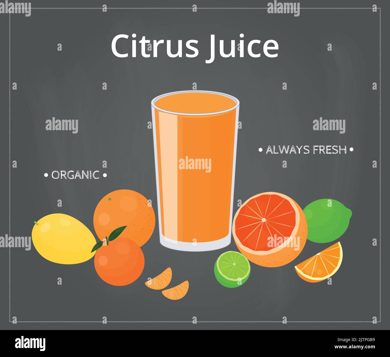 Cartoon citrus juice with fruits on chalkboard background with frame ...