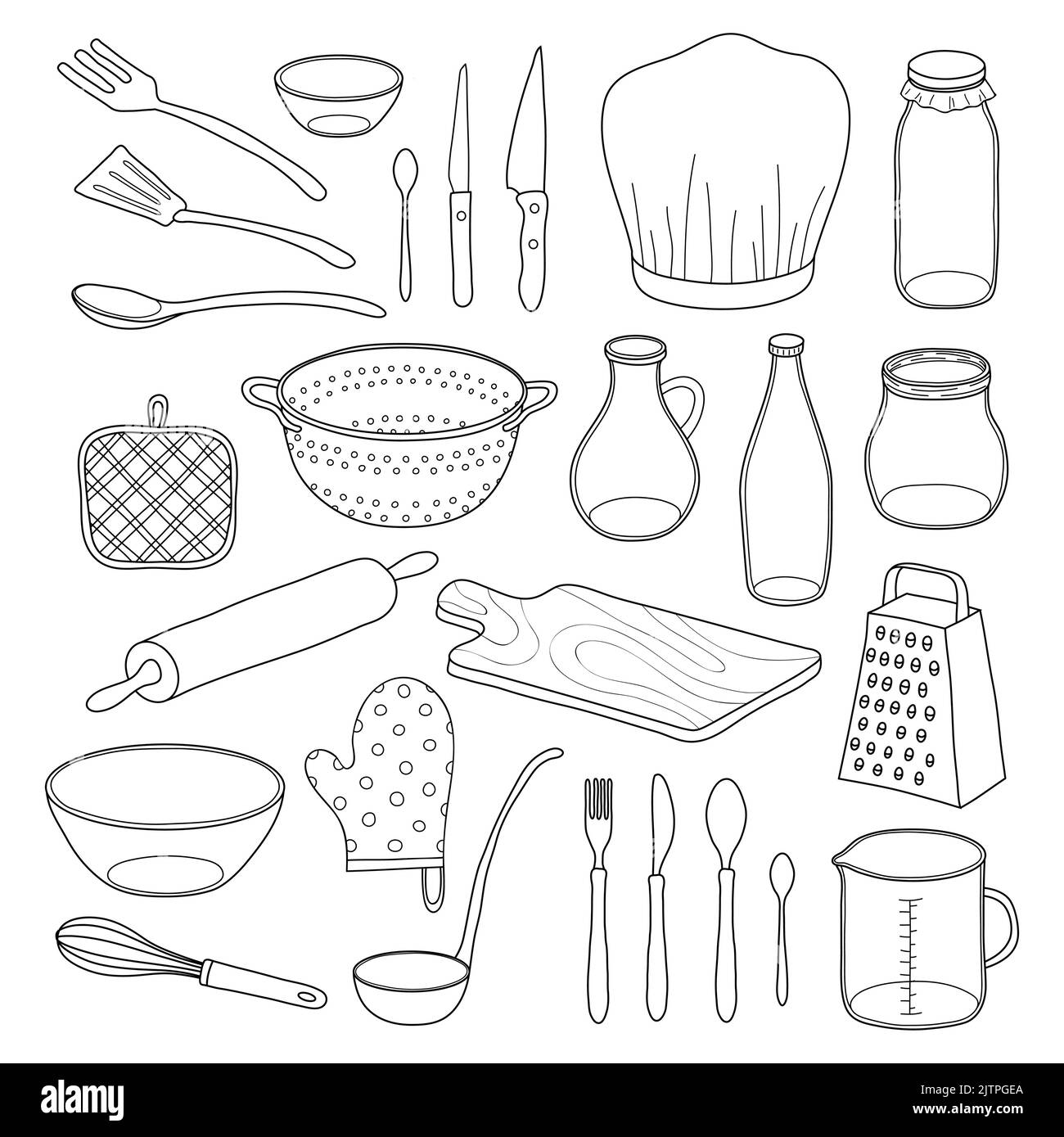 Hand drawn outline kitchen utensils isolated on white background Stock ...
