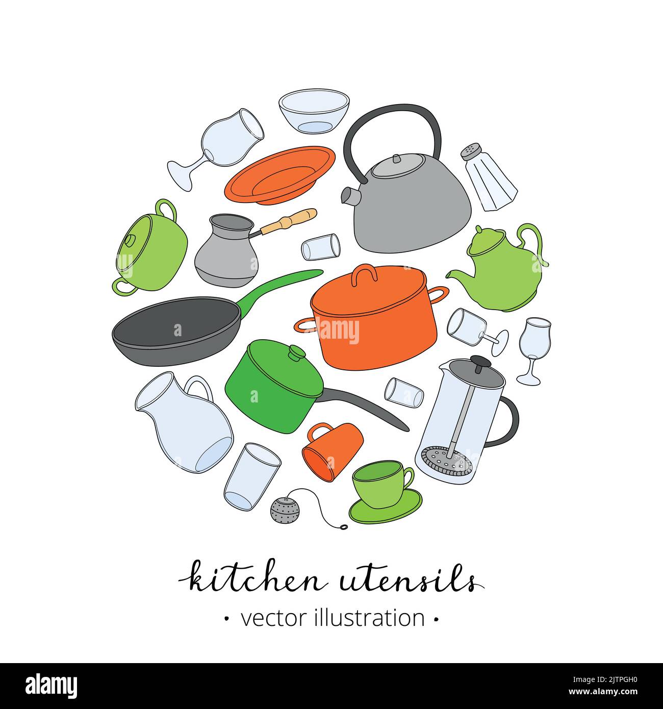 Hand drawn kitchen utensils and dishes composed in circle shape with ...