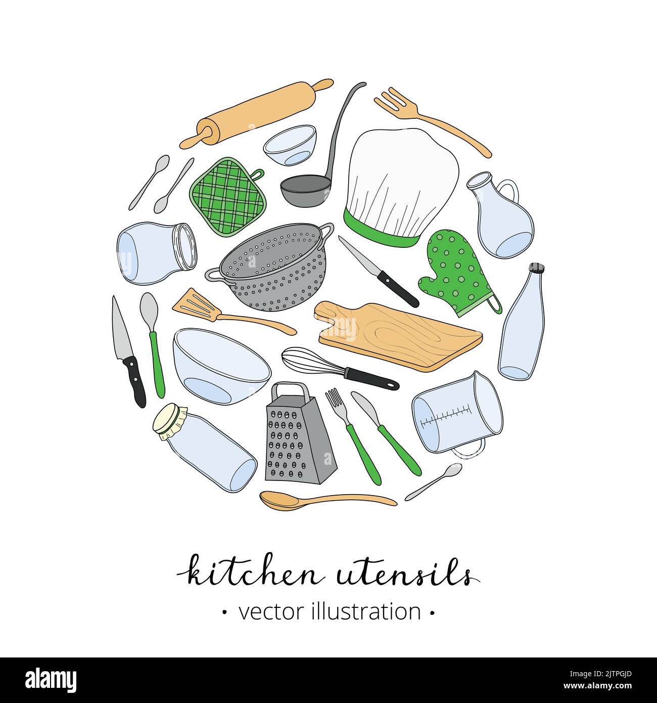 Hand drawn kitchen utensils composed in circle shape with lettering on ...