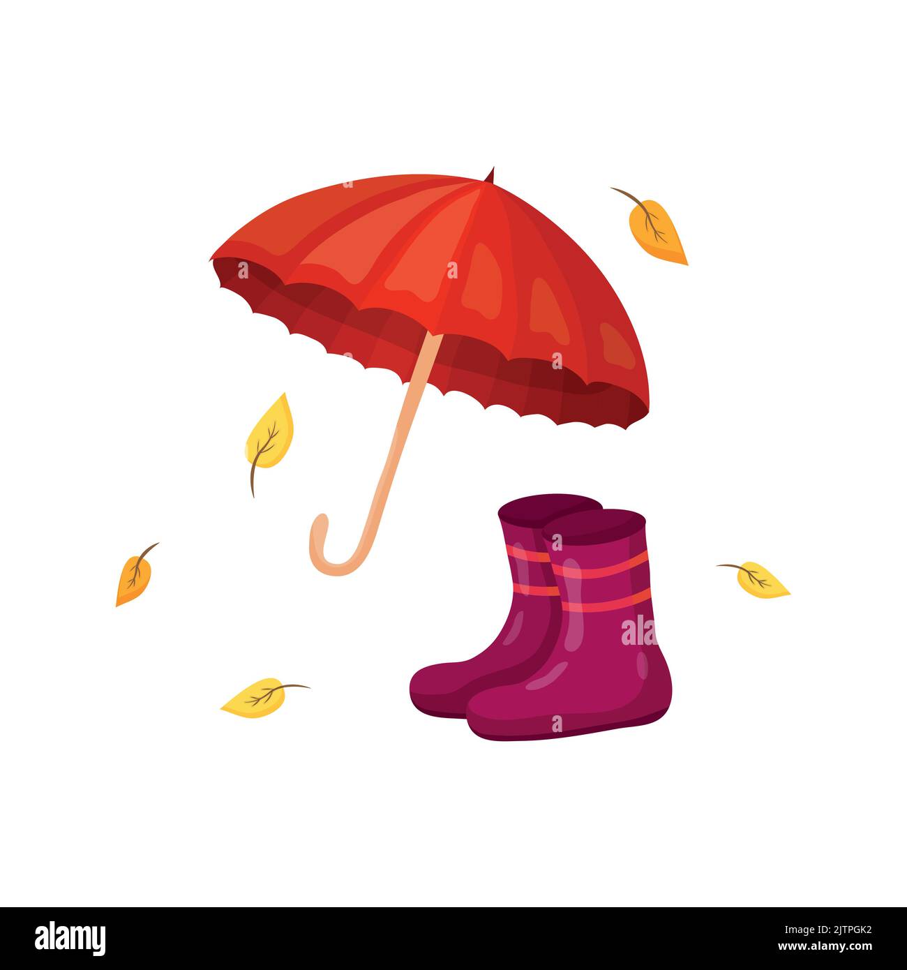Umbrella, rain boots and yellow leaves in cartoon style isolated on white background Stock ...