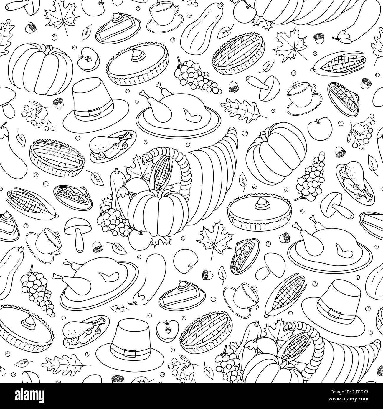 Black and white seamless pattern with hand drawn items for Thanksgiving ...