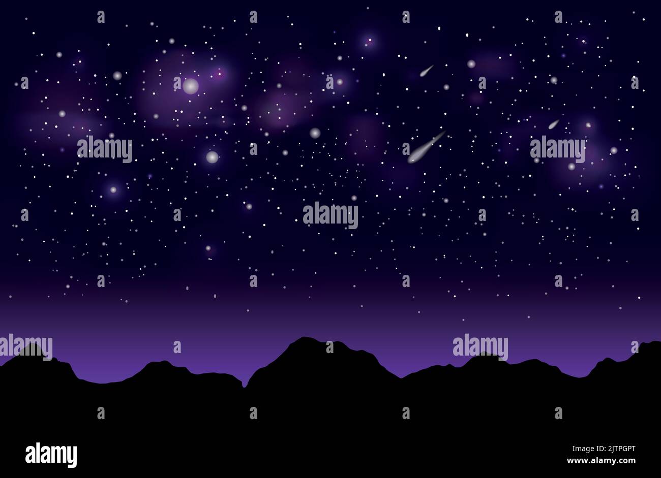 Dark violet space landscape with mountains silhouette, comet and stars ...