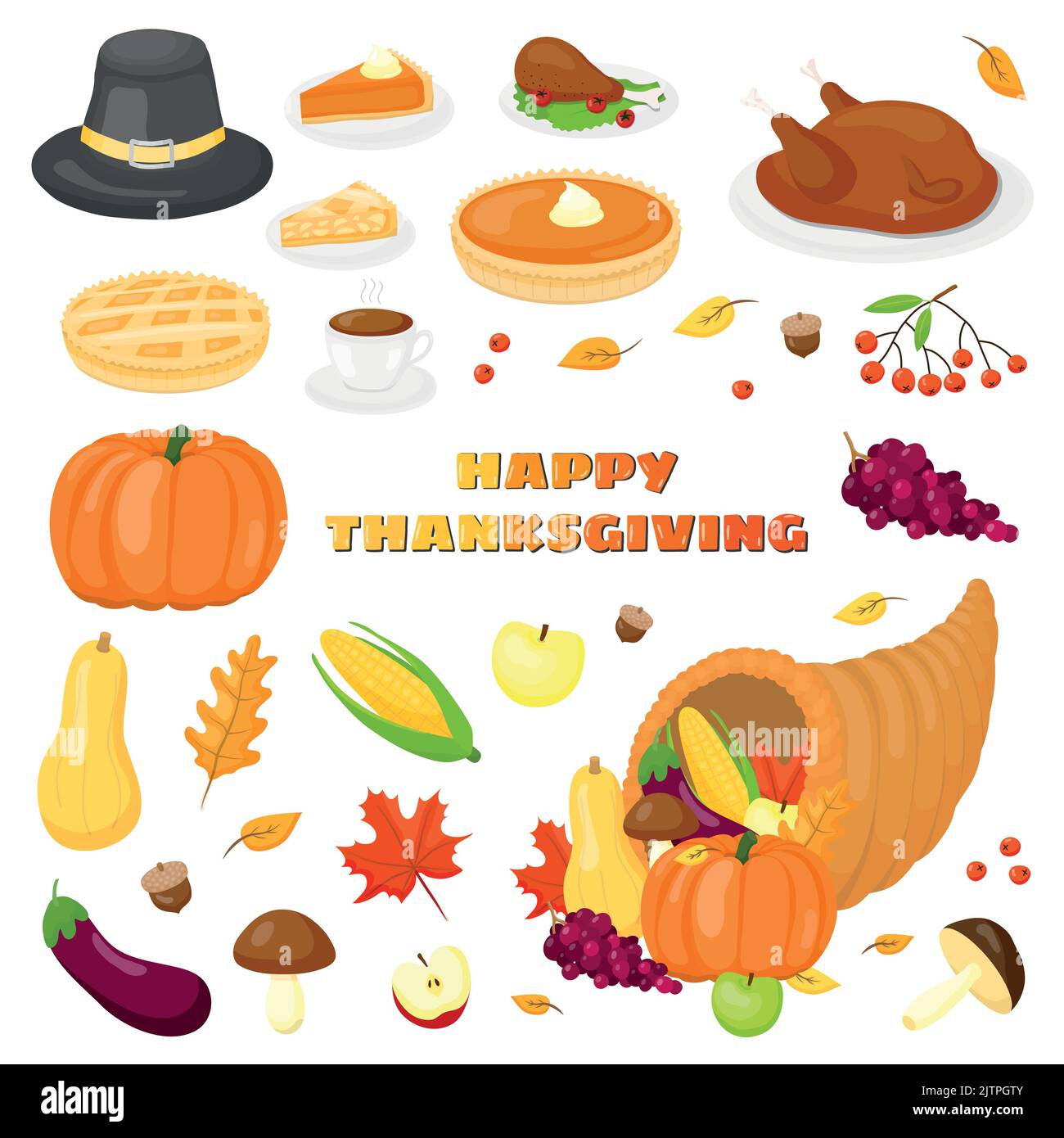 Cartoon items for Thanksgiving day celebration isolated on white ...