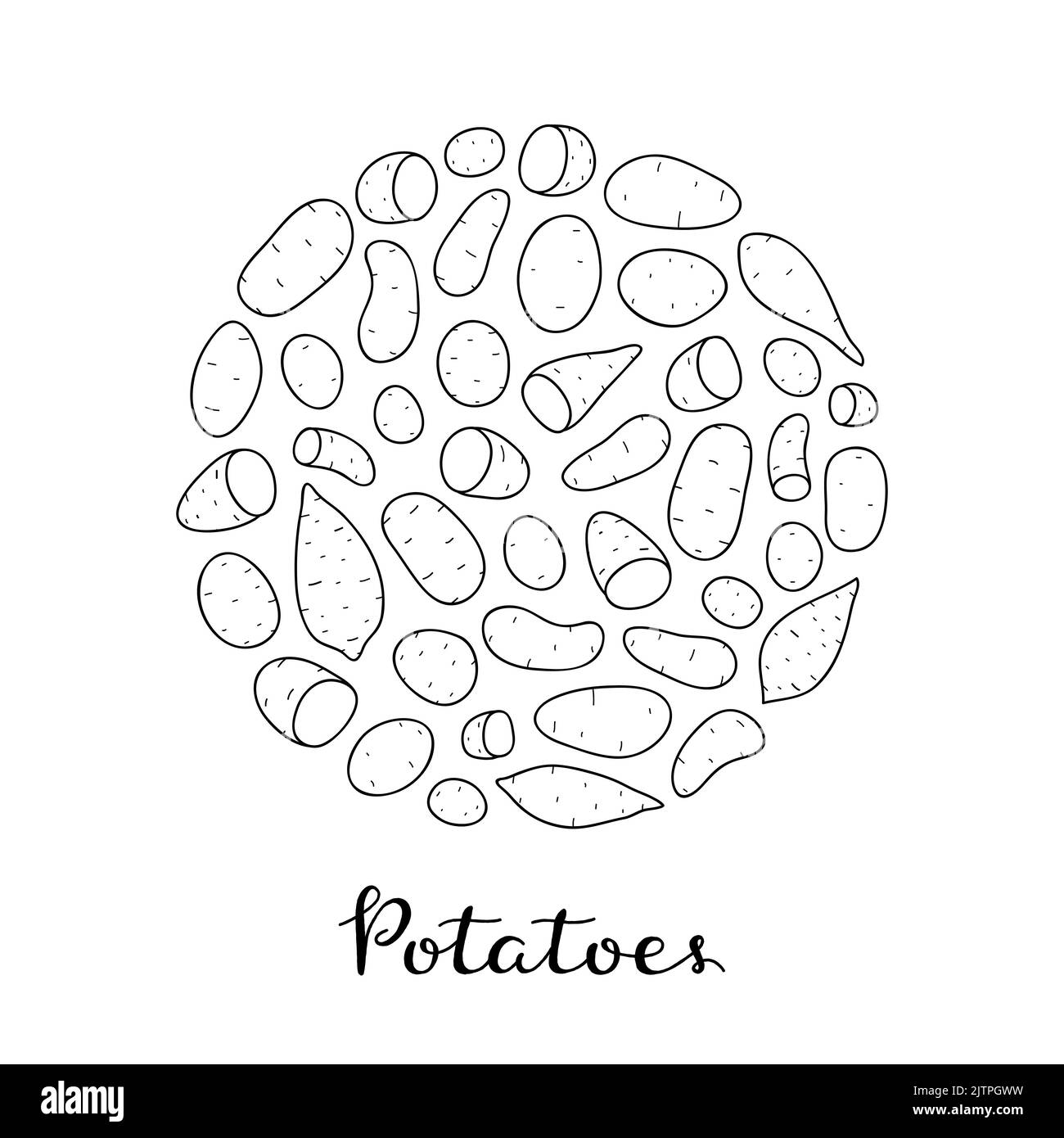 Different potato varieties composed in circle shape with lettering on ...