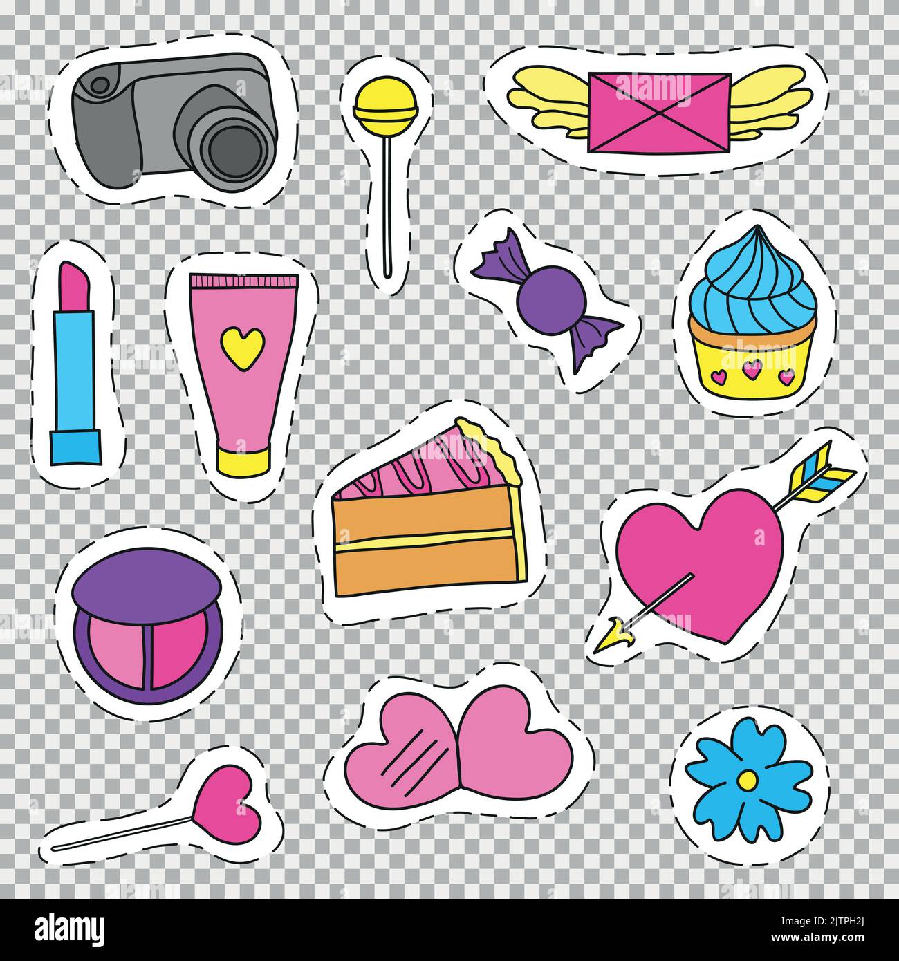Bright girly fashion stickers, badges, pins isolated on transparent ...