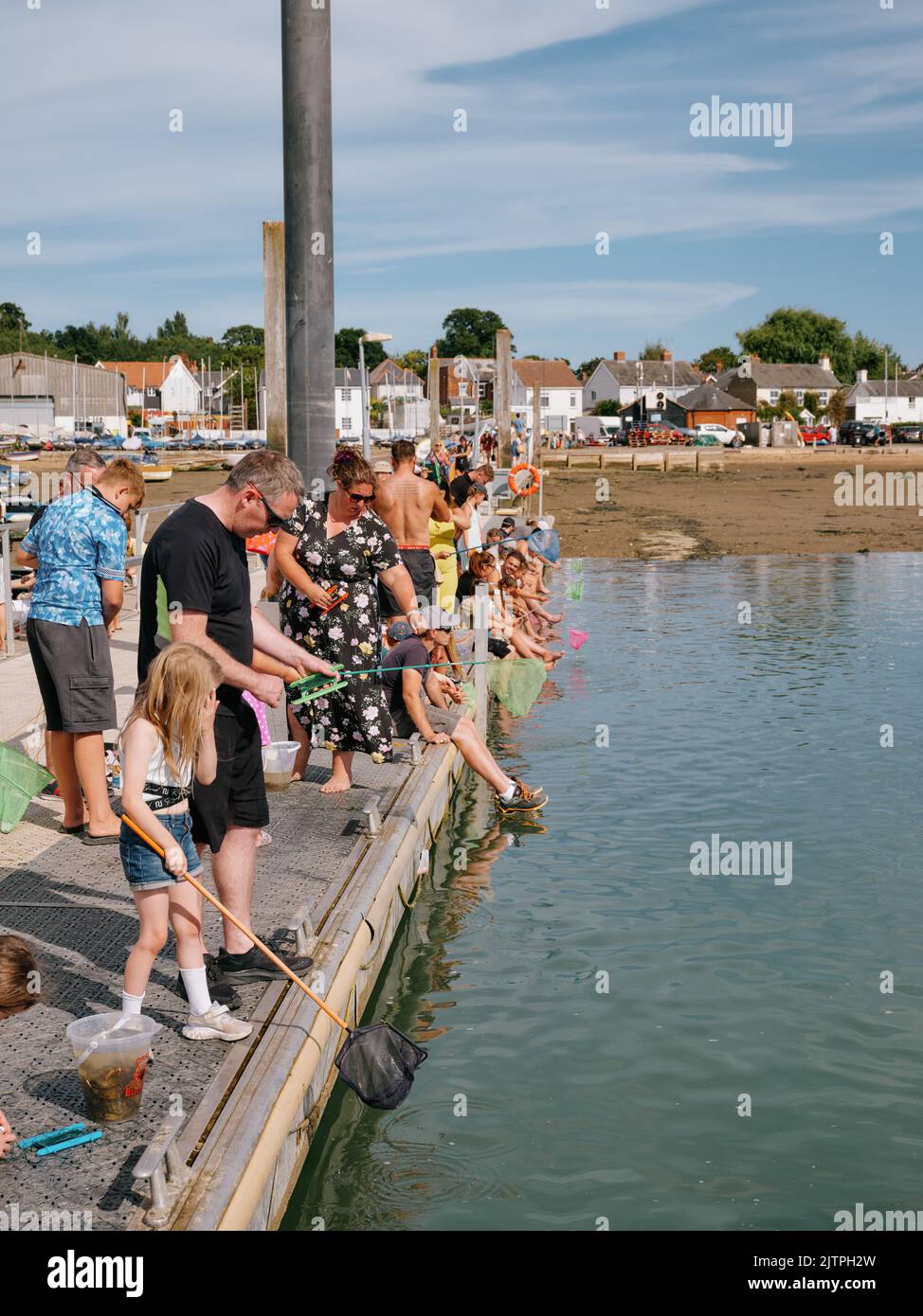 Summer tourist visitors crabbing on the floating pontoon at West Mersea ...