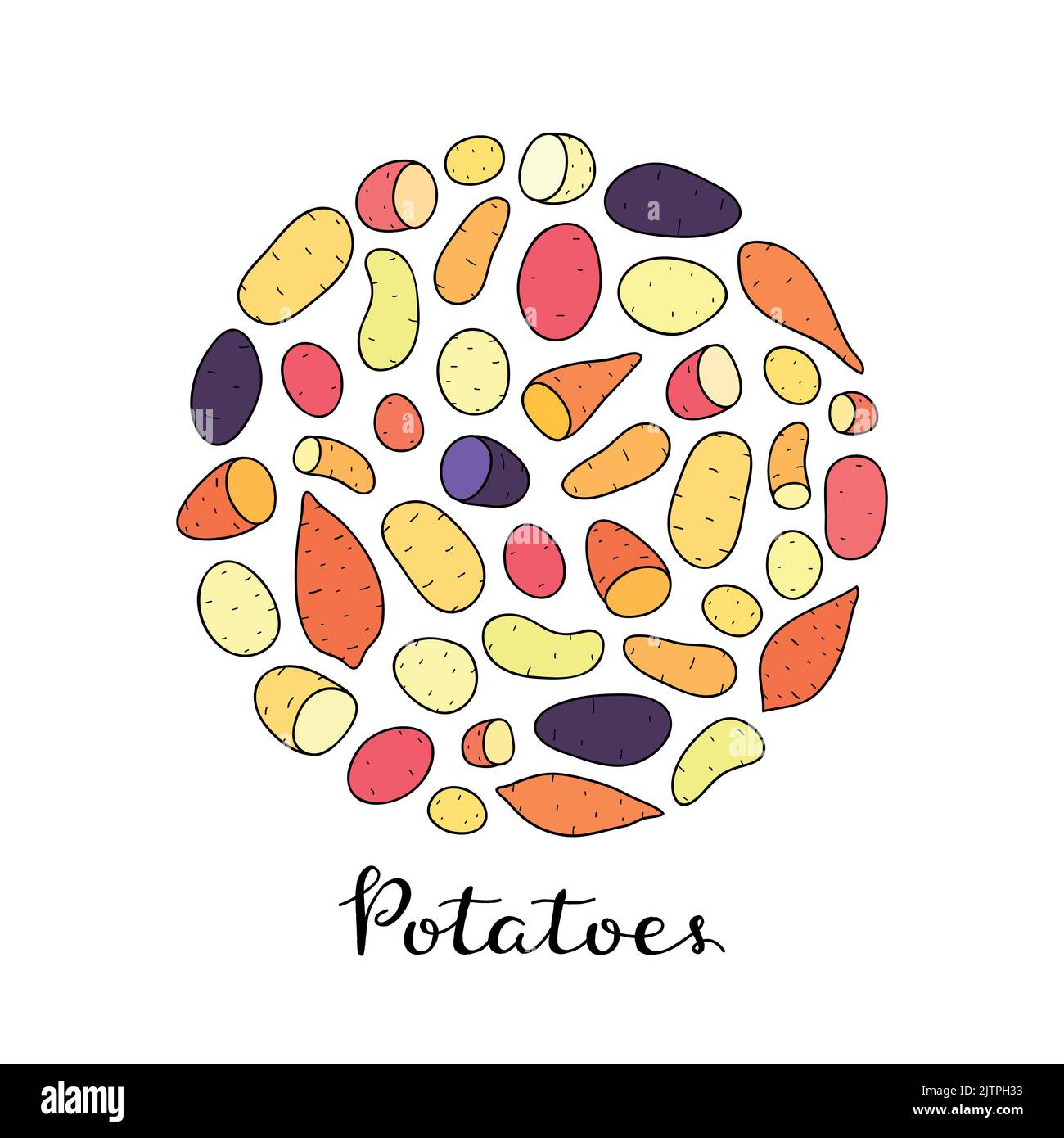 Different potato varieties composed in circle shape with lettering on ...