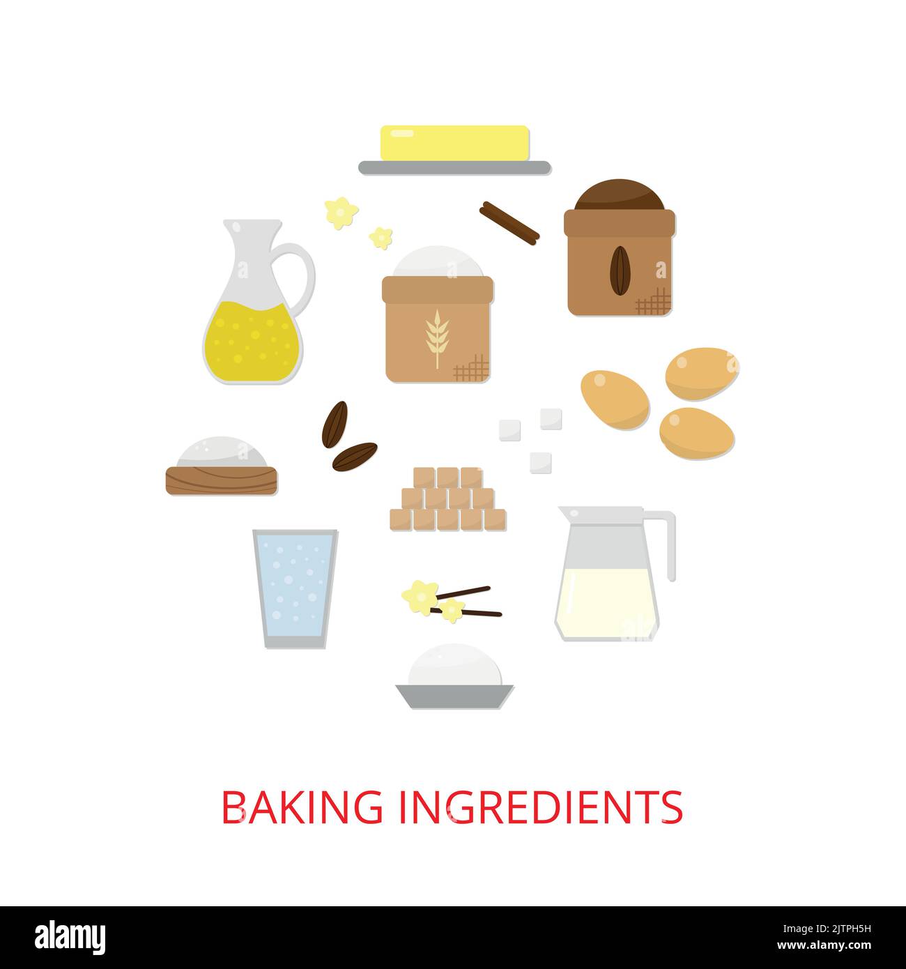 Baking ingredients composed in circle shape isolated on white ...