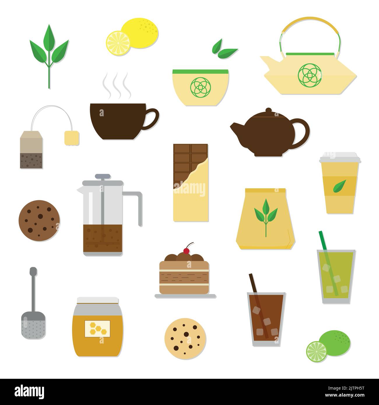 Set of flat tea items and accessories isolated on white background ...