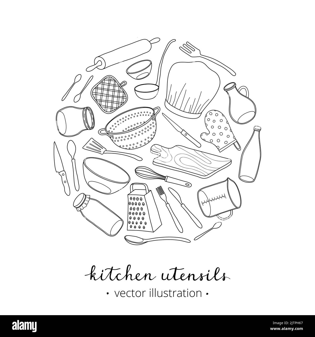 Hand drawn outline kitchen utensils composed in circle shape with ...