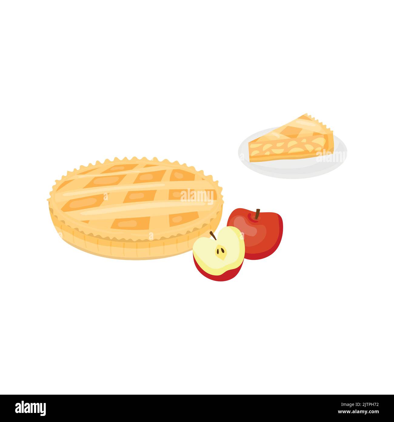 Apple pie cake and slice in cartoon style isolated on white background ...