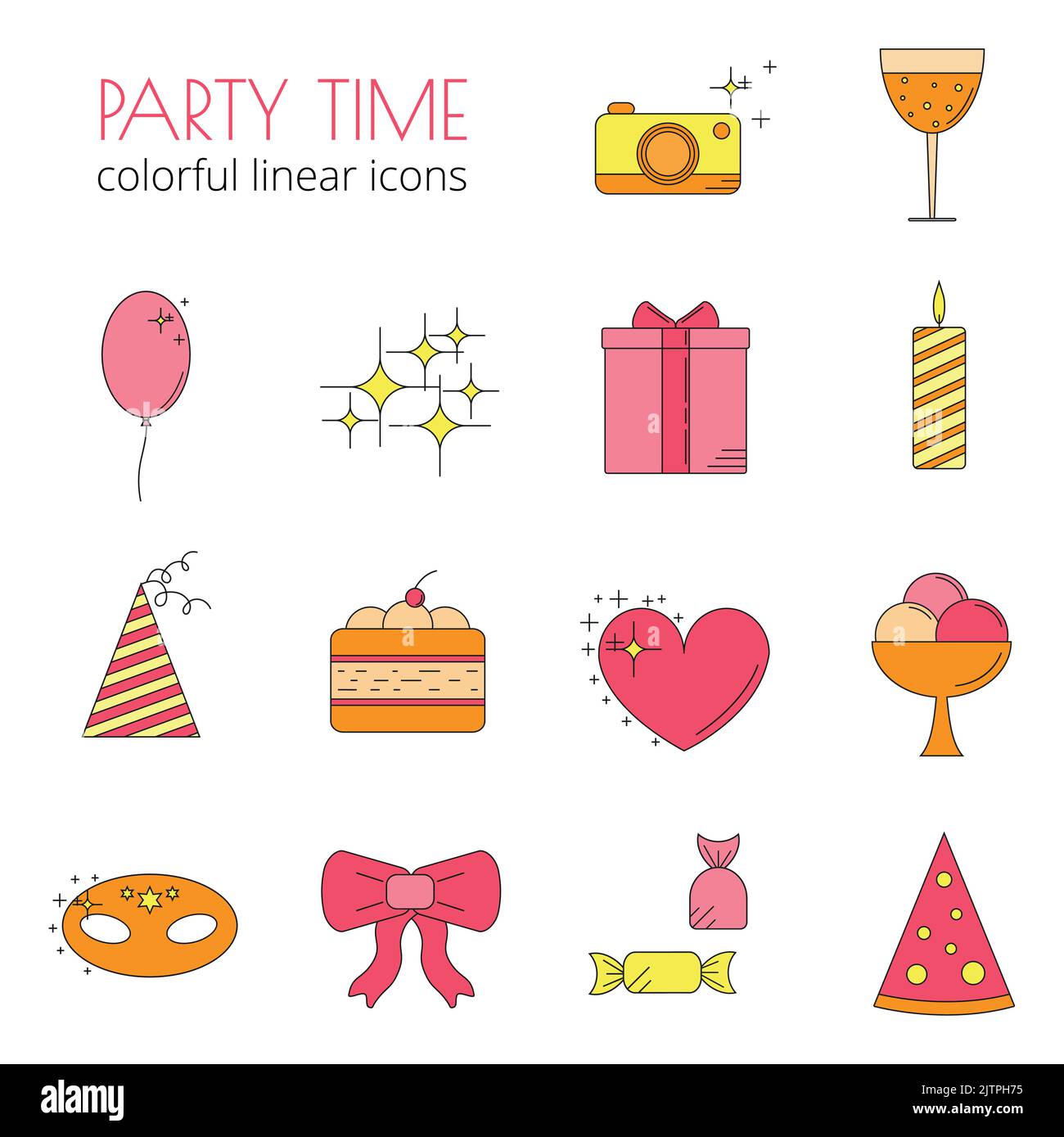 Collection of party and celebration linear icons isolated on white ...