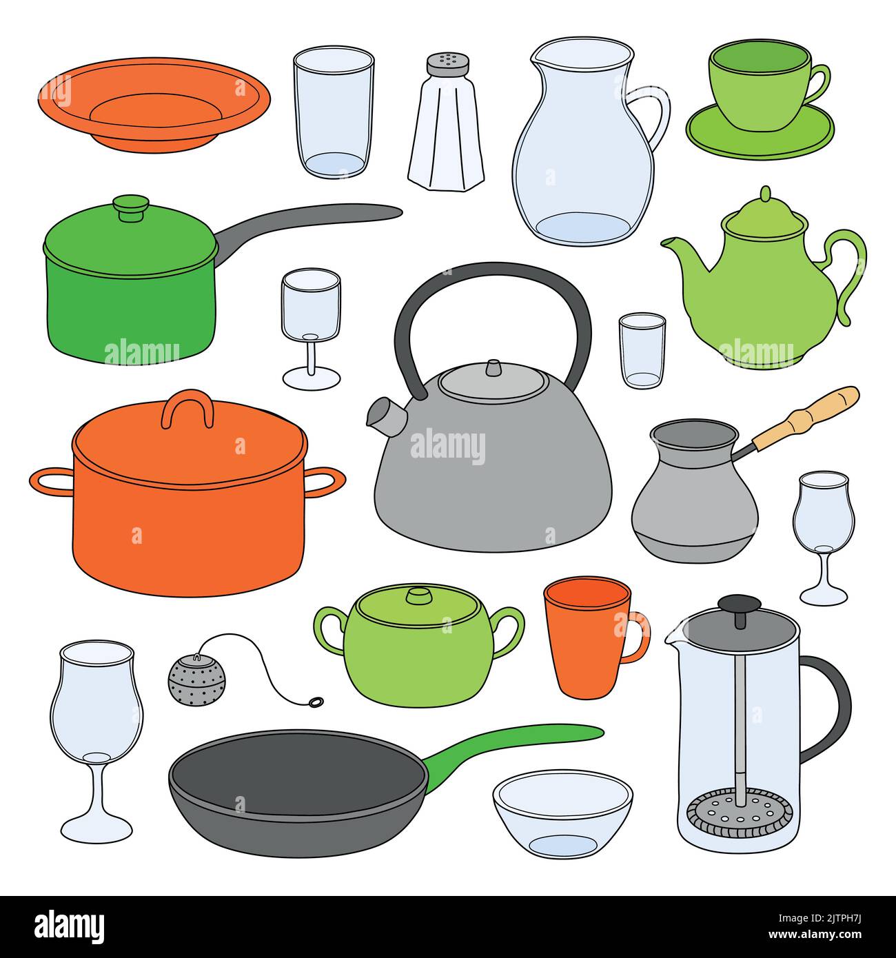 Hand drawn kitchen utensils and dishes isolated on white background ...