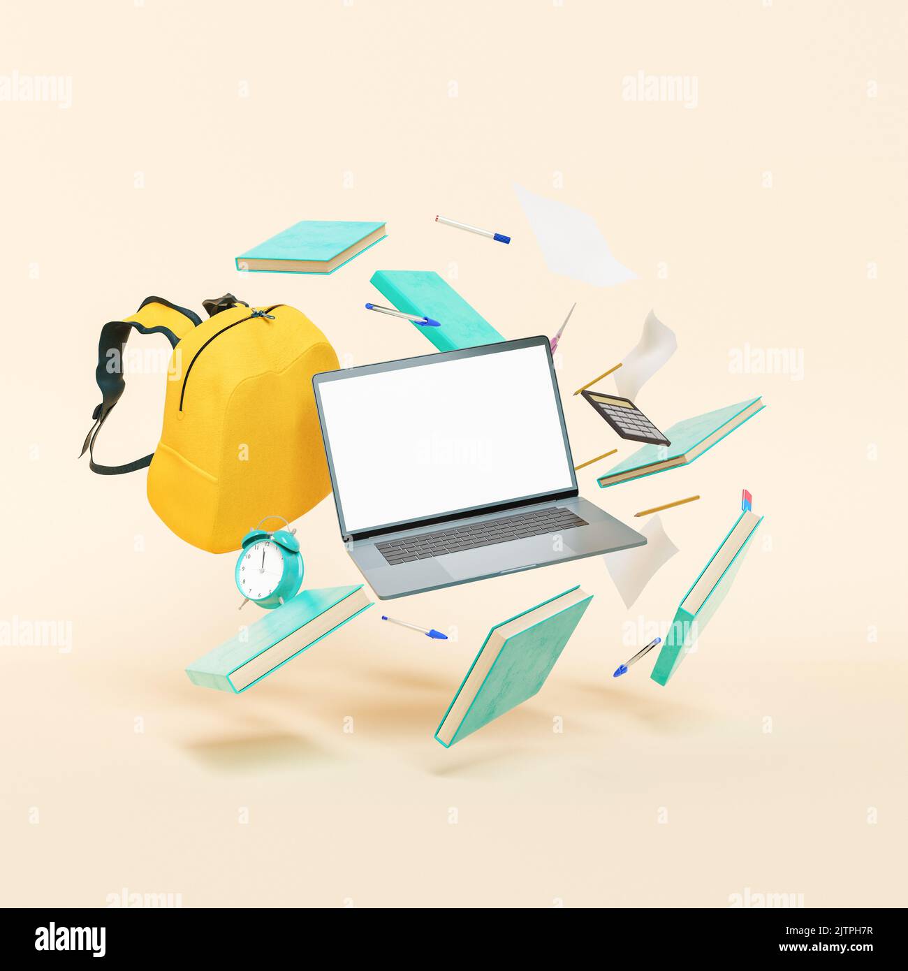 3D illustration of various stationery and yellow backpack levitating ...