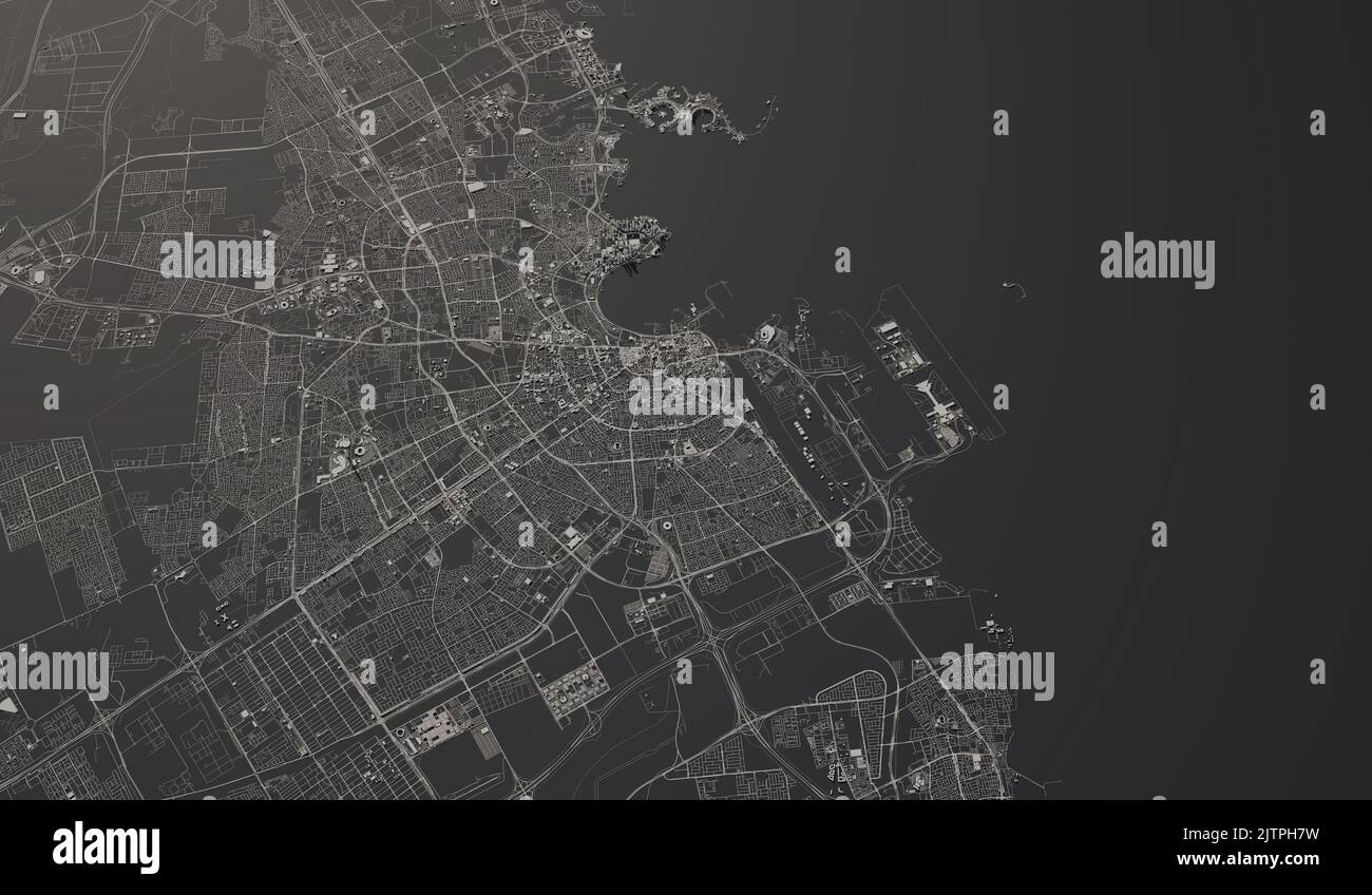 Doha, Qatar city map aerial view. minimal design. 3D Rendering Stock ...
