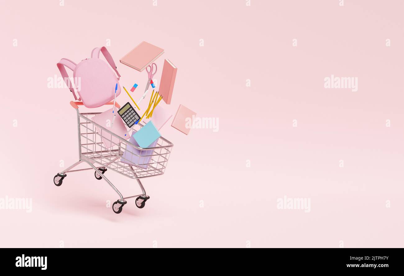 3D illustration of shopping cart with levitating backpack and various ...