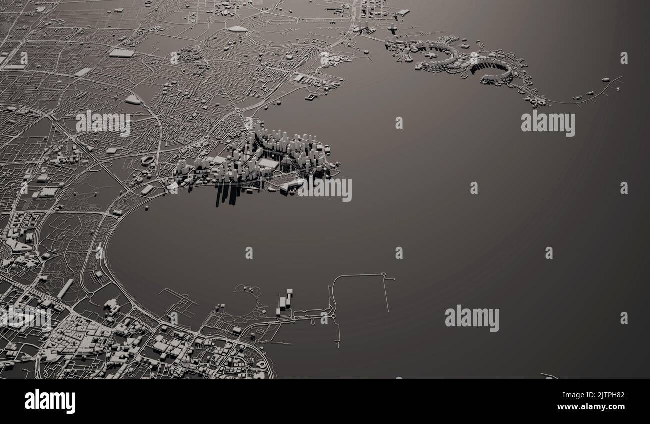Doha, Qatar city map aerial view. minimal design. 3D Rendering Stock ...