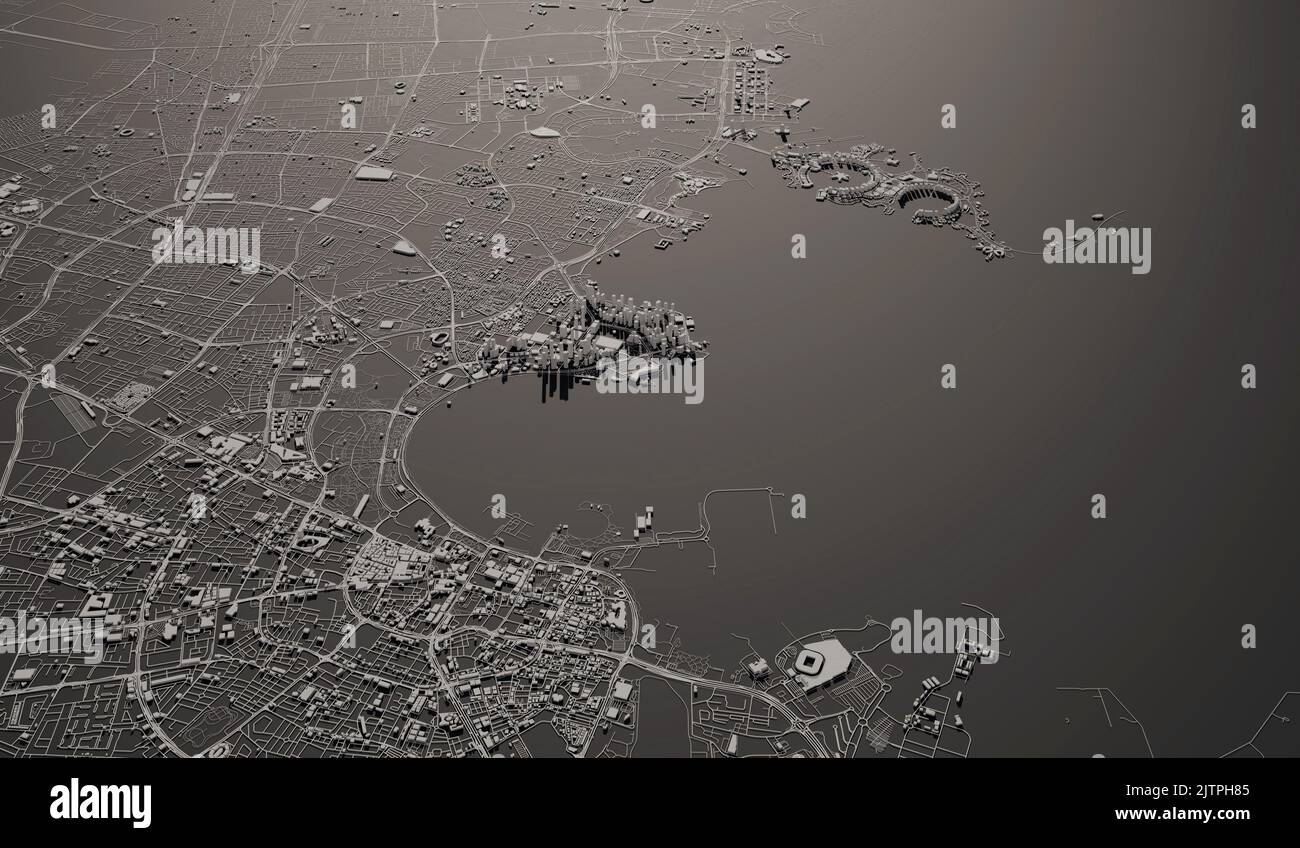 Doha, Qatar city map aerial view. minimal design. 3D Rendering Stock ...