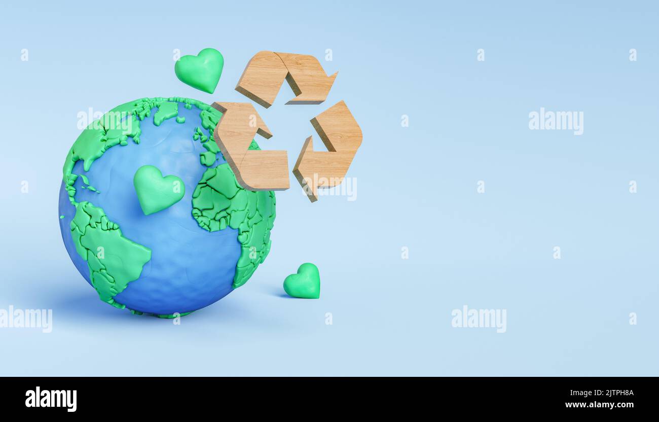 3D illustration of wooden recycling symbol and green hearts near Earth ...