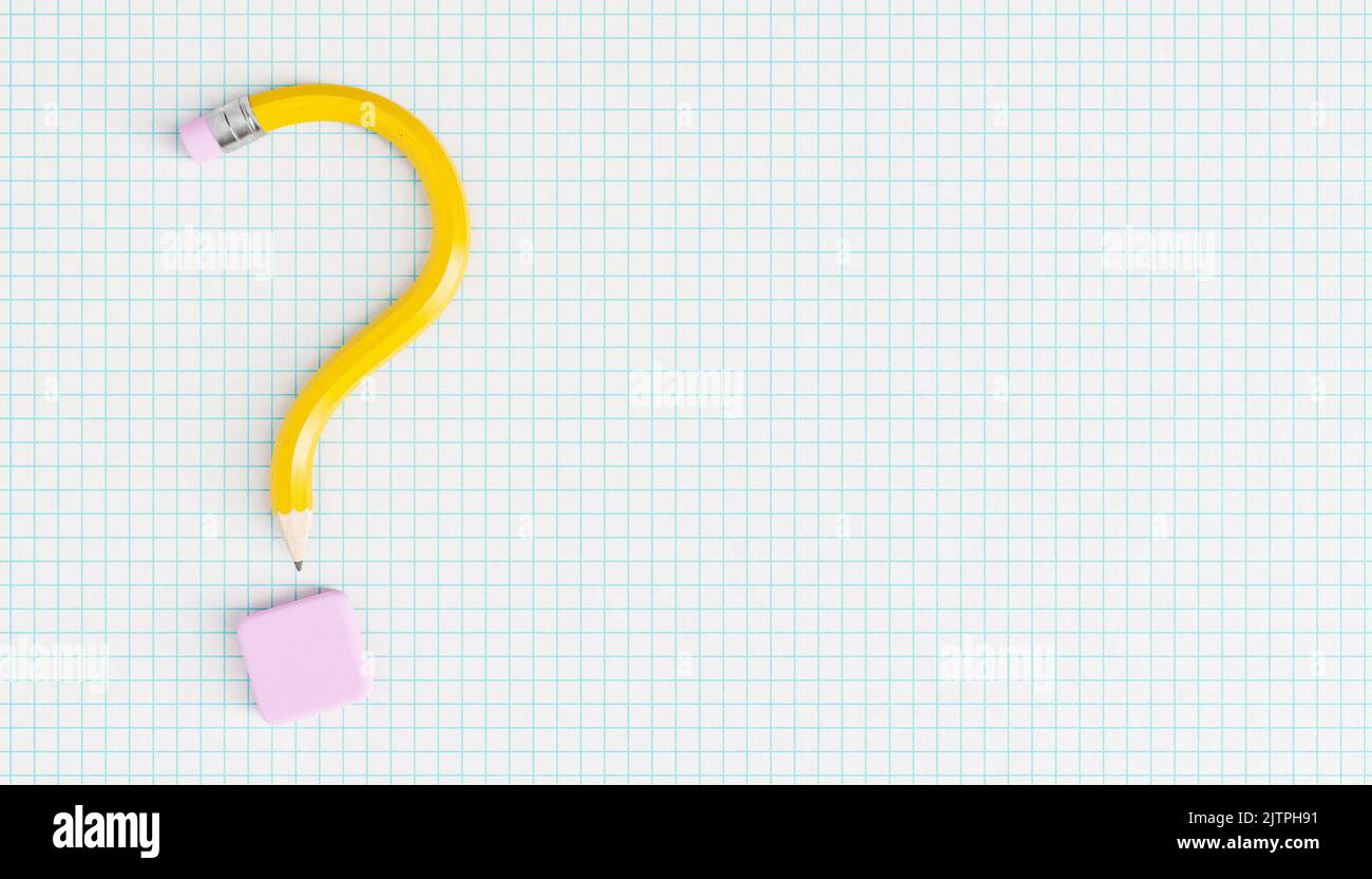3D illustration of question mark made of pencil and eraser on square ...