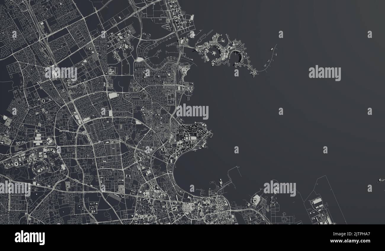 Doha, Qatar city map aerial view. minimal design. 3D Rendering Stock ...