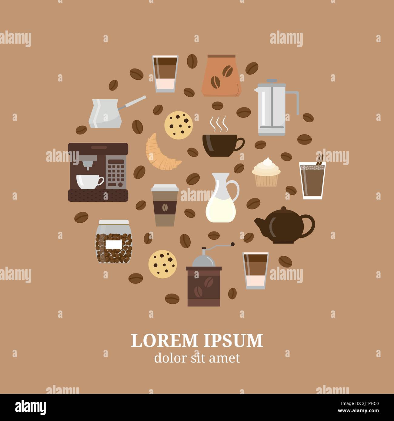 Different flat coffee icons composed in circle shape. Colorful icons ...
