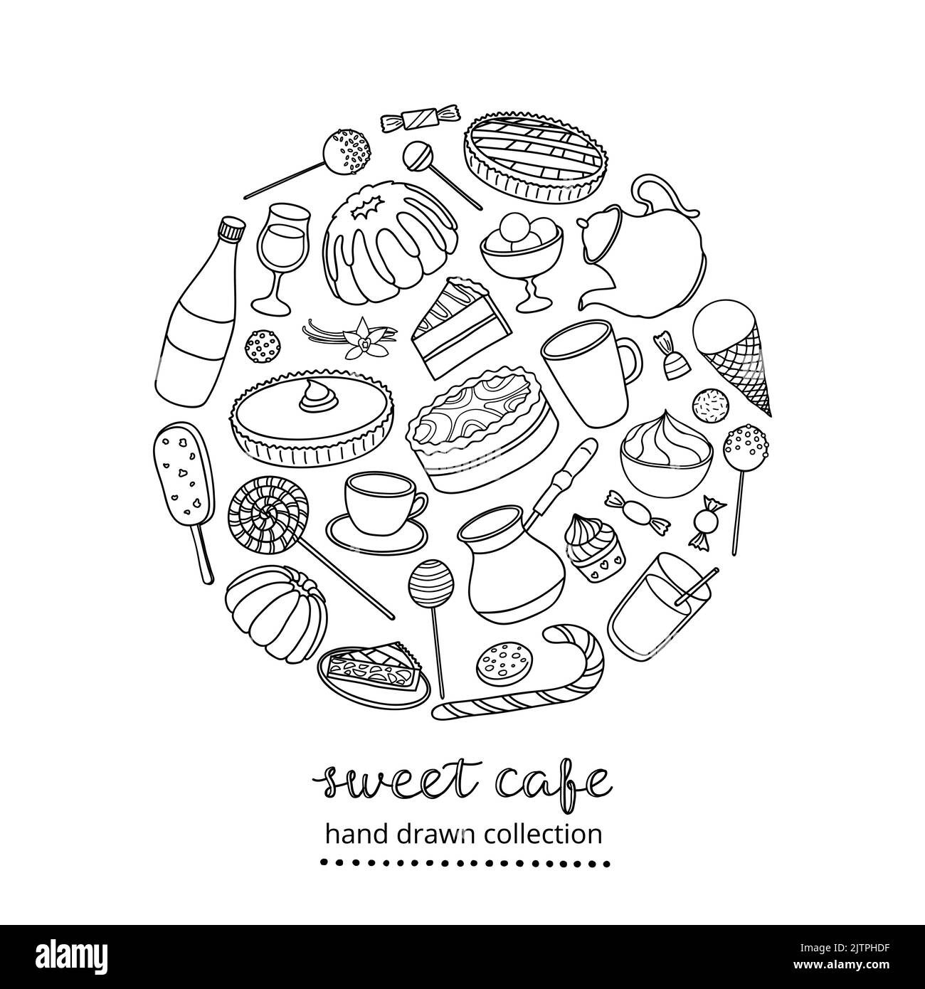 Hand drawn outline sweets, cakes, ice cream, pies, coffee, tea composed ...