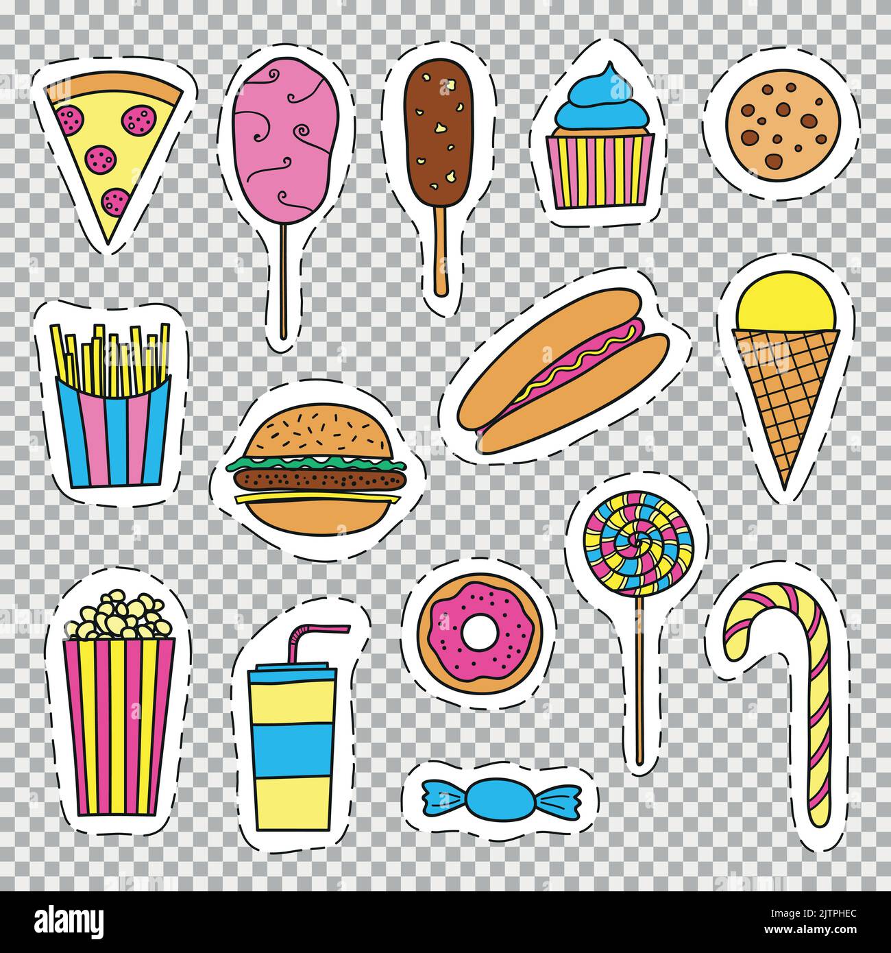 Bright fast food stickers, badges, pins isolated on transparent ...