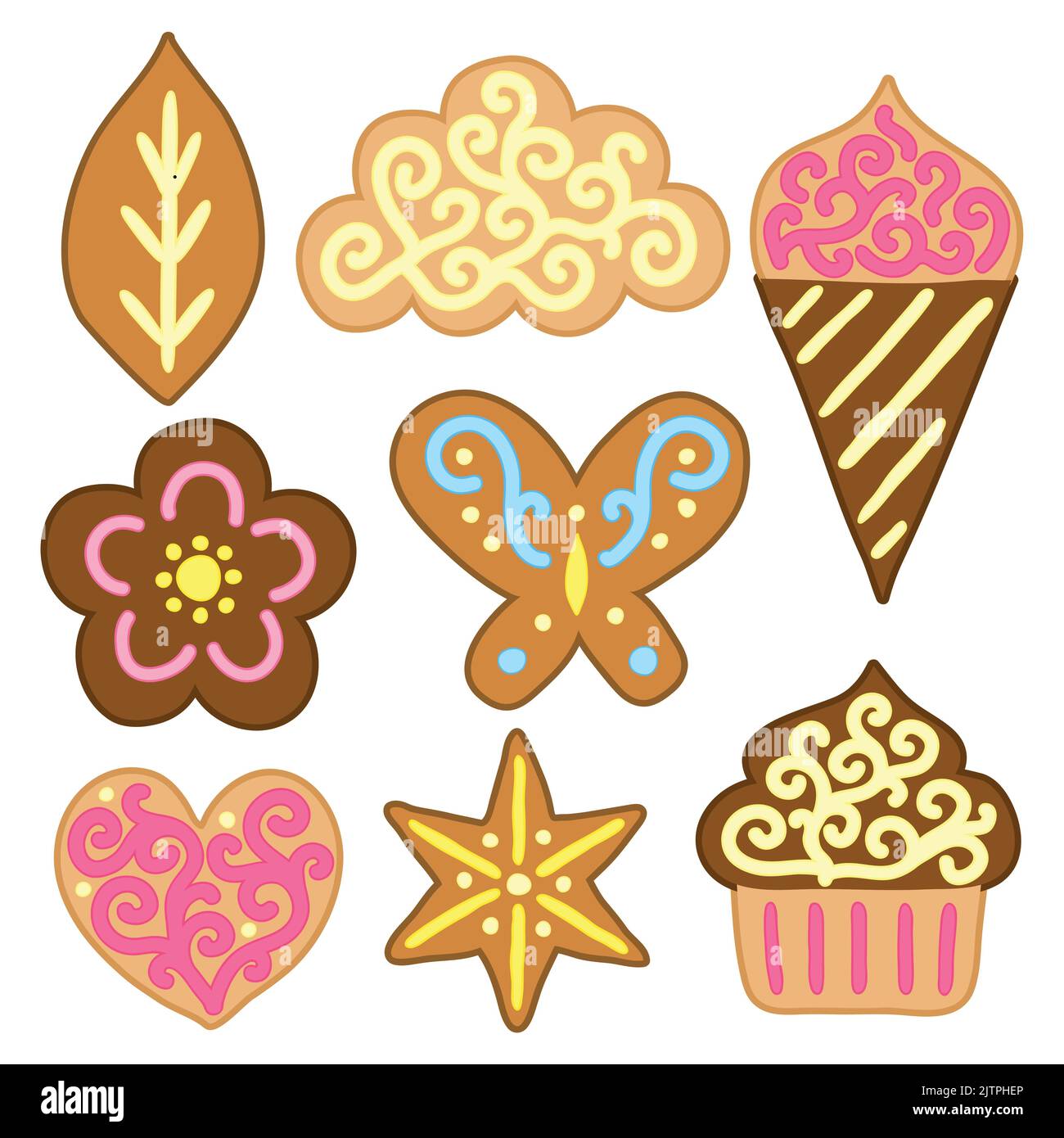 Collection of doodle cute colorful cookies with icing isolated on white ...