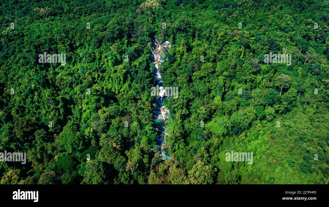 Aerial view of Kuang Si Waterfall in Luang Phabang, Laos Stock Photo ...