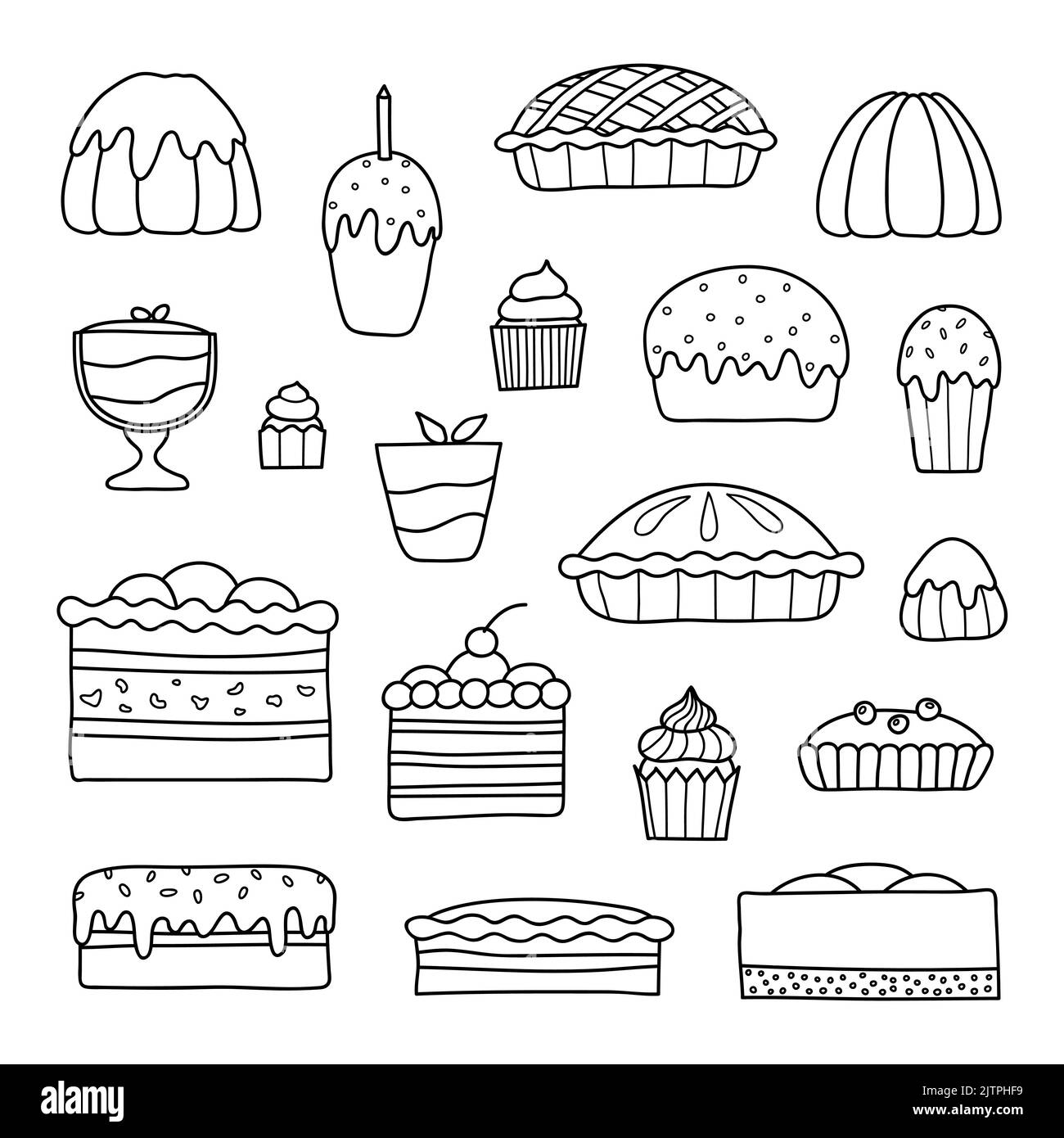 Collection of cute doodle outline cakes for birthday, easter, party ...