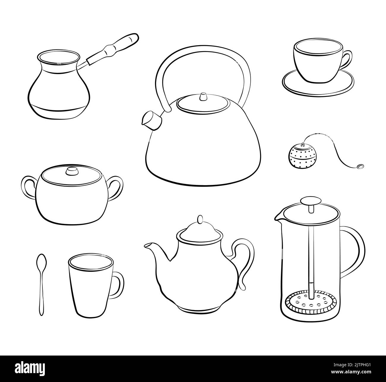 Hand drawn outline tea items and dishes isolated on white background ...
