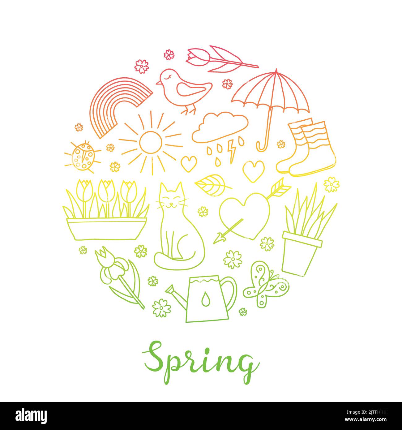 Hand drawn outline spring items including sun, cloud, umbrella, boots ...