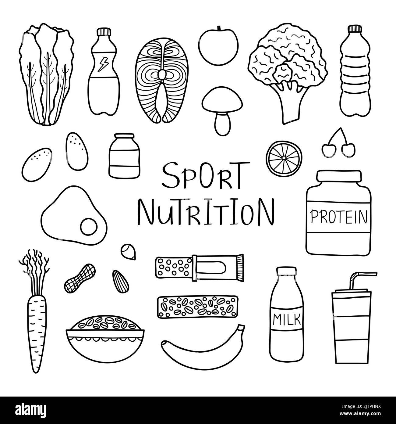 Hand drawn outline sport nutrition items including protein, fruits ...