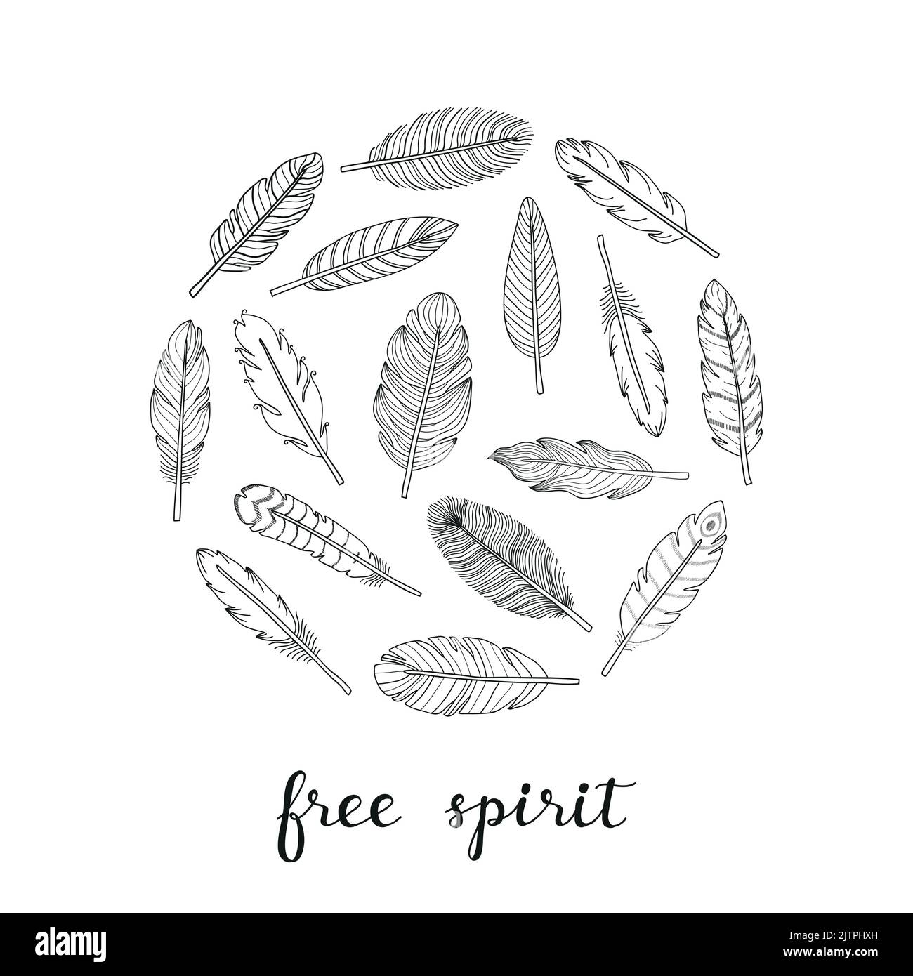 Hand drawn indian boho feathers composed in circle shape with lettering ...