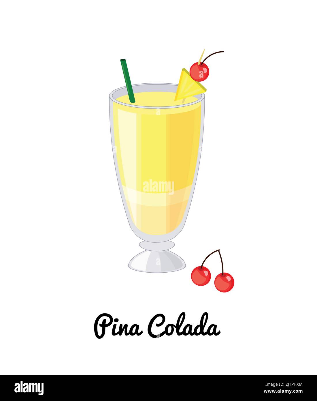 Pina Colada alcoholic cocktail with garnish in cartoon style isolated ...