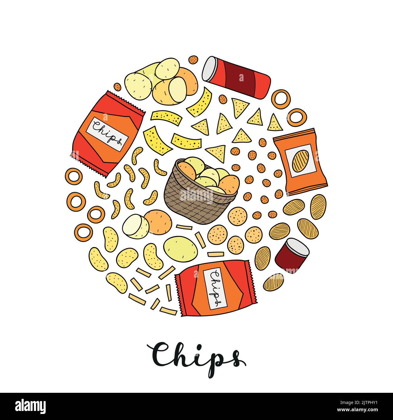 Hand drawn chips varieties, snacks, packs, tube boxes and potatoes ...