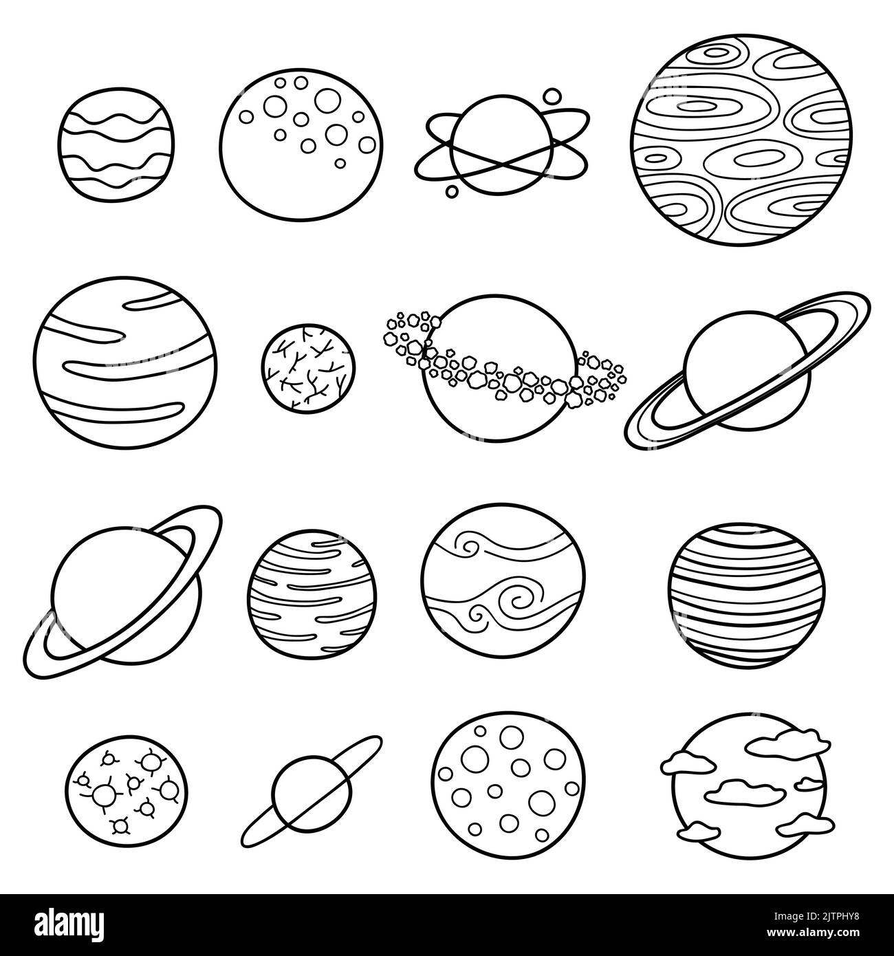 Collection of different outline doodle fantastic space planets isolated ...